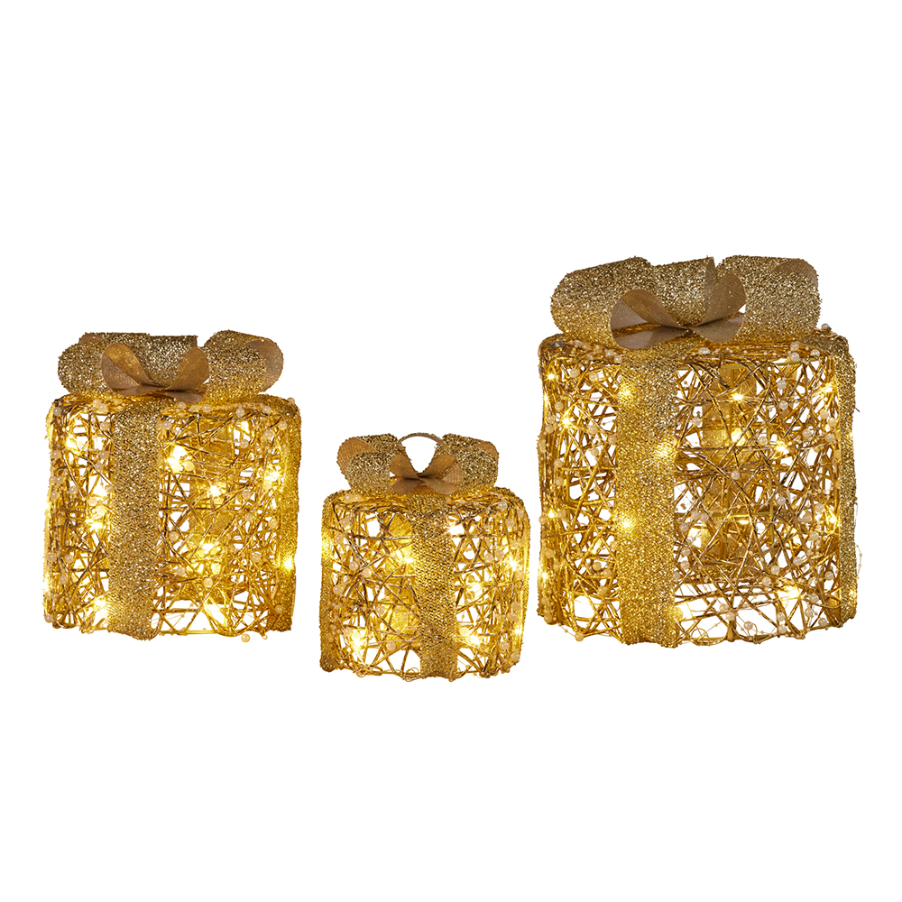 Golden Cylindrical Christmas Gift Boxes with Lights & Gold Bows, Set of ...